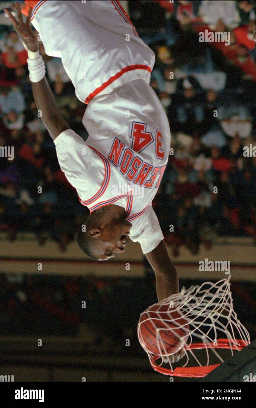 Clemson's Mohamed Woni (34) makes it count with a one handed slam dunk ...