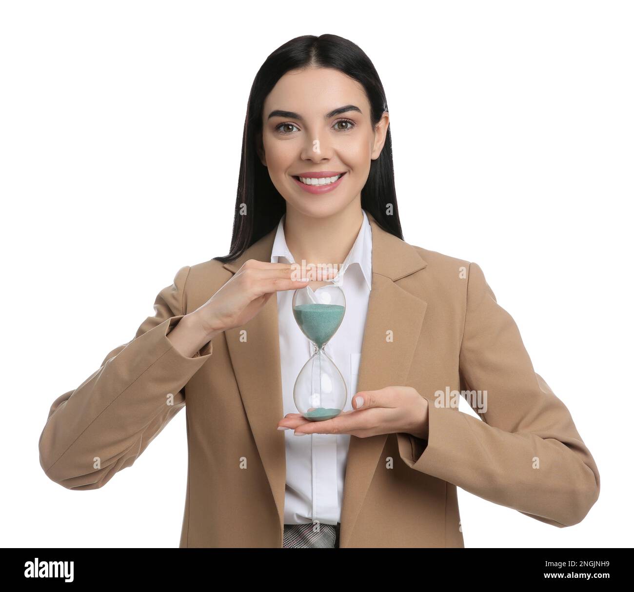 Businesswoman holding hourglass on white background. Time management ...