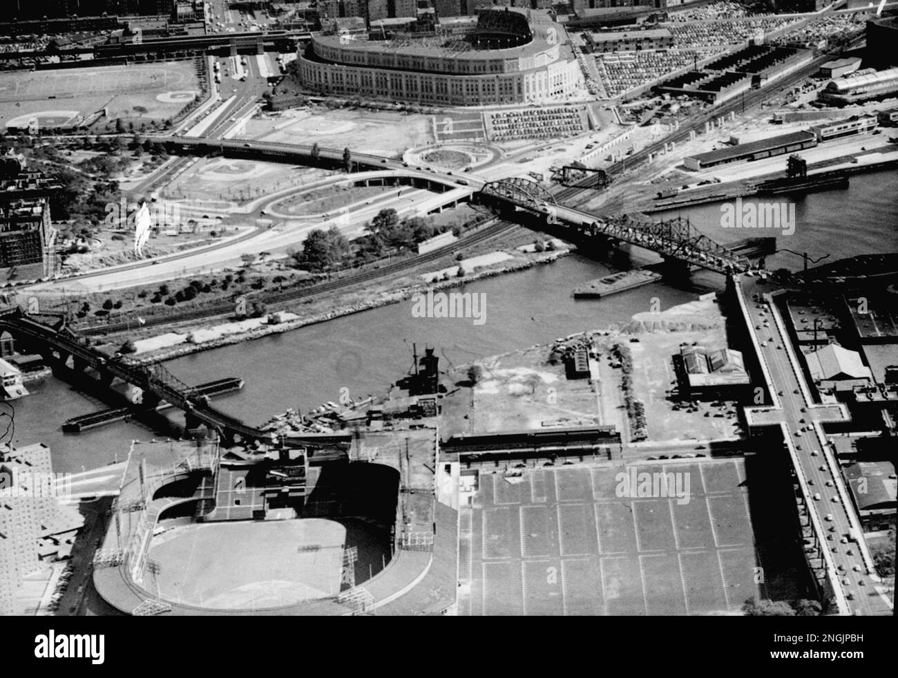 This photo shows an aerial view of the Polo Grounds, in the foreground ...