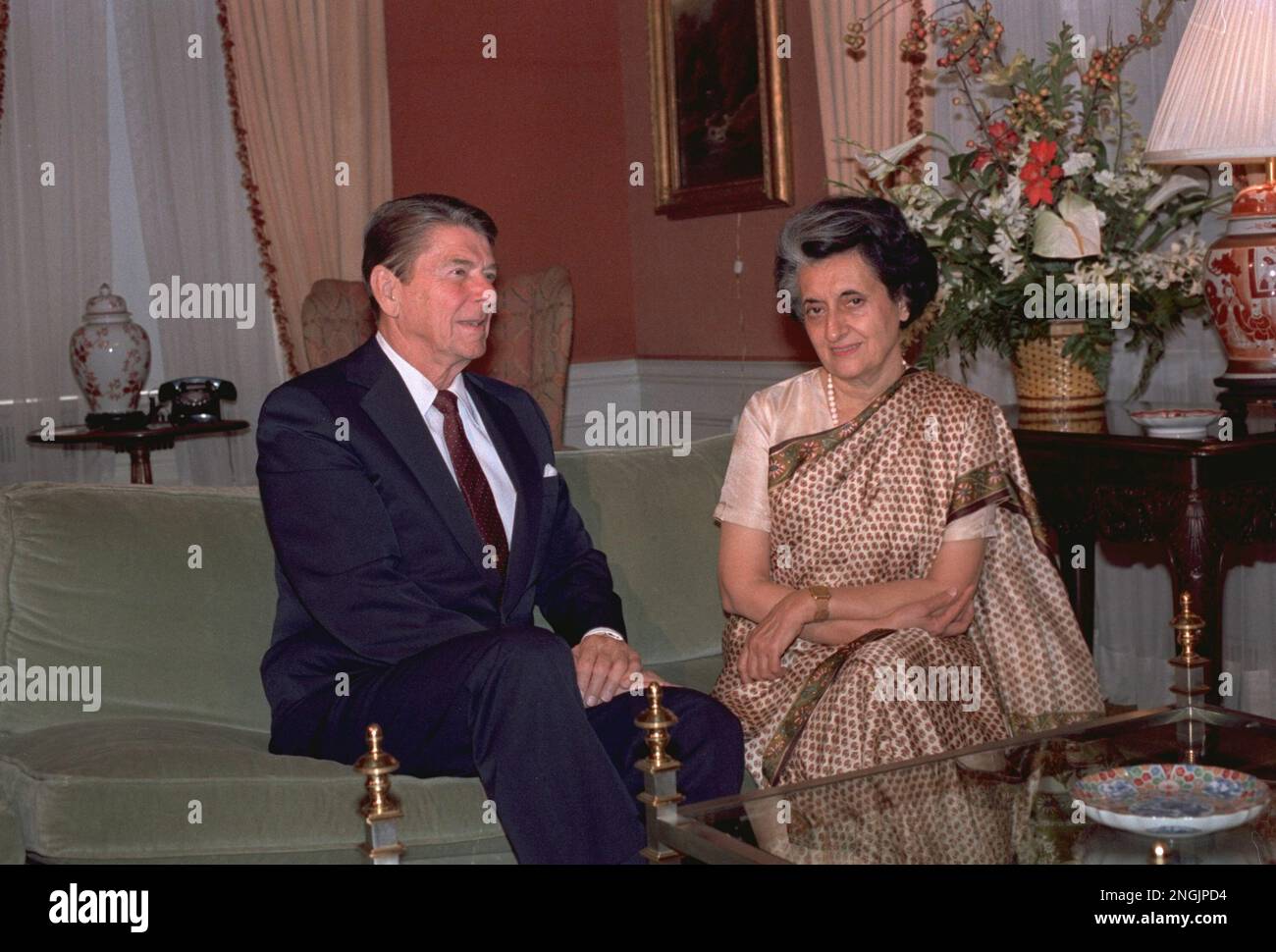 President Ronald Reagan is shown with Indira Gandhi, Prime Minister of ...