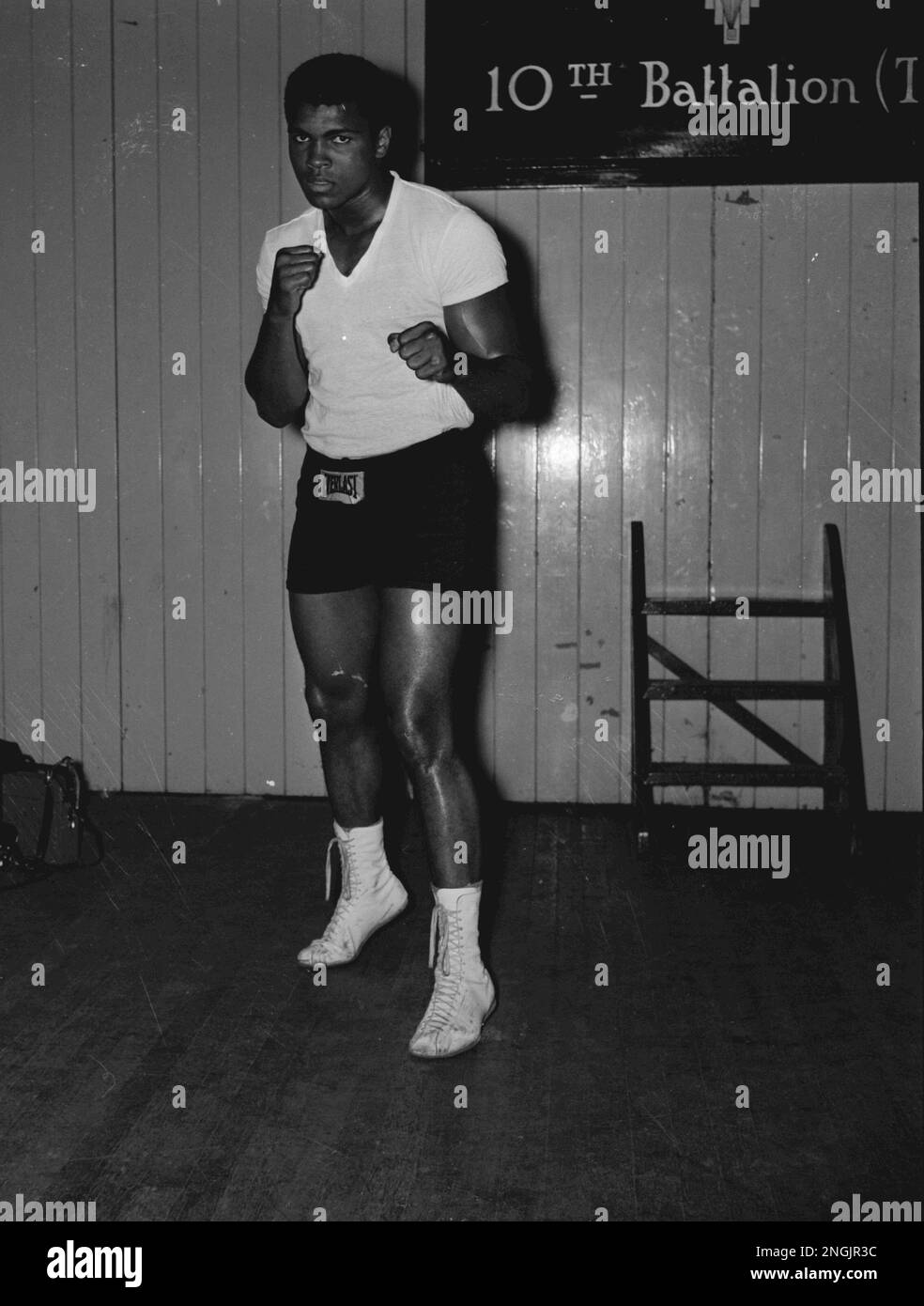 Champion Muhammad Ali is shown in a posed action boxing stance in a London, England gym, May 16 ...