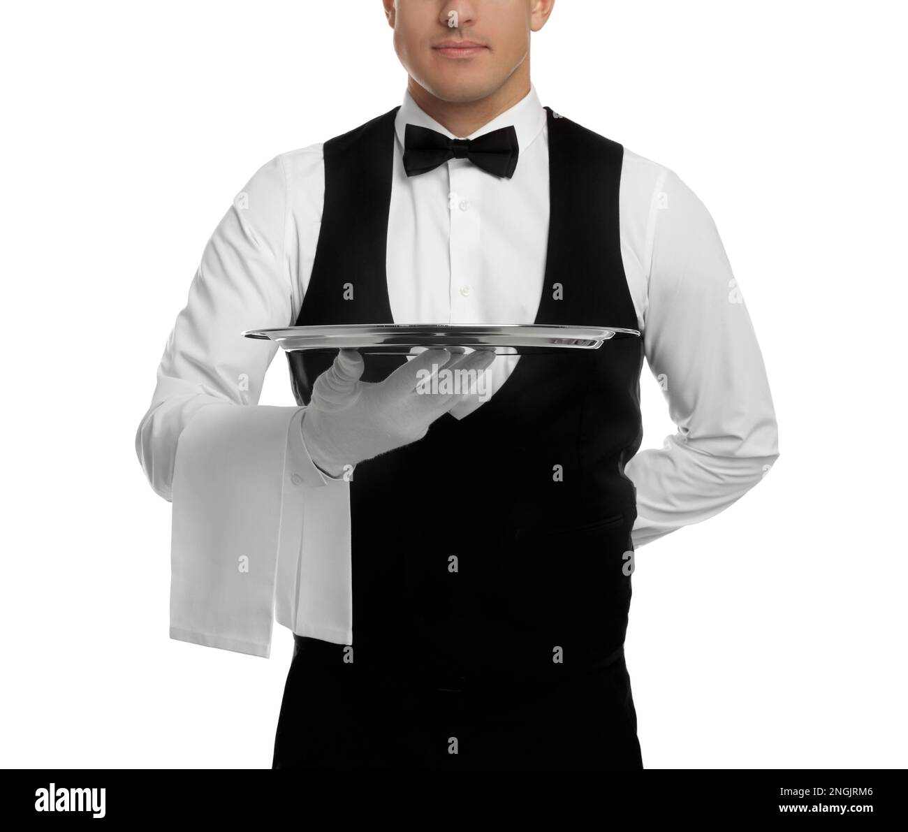 Elegant butler holding silver tray isolated on white, closeup Stock ...