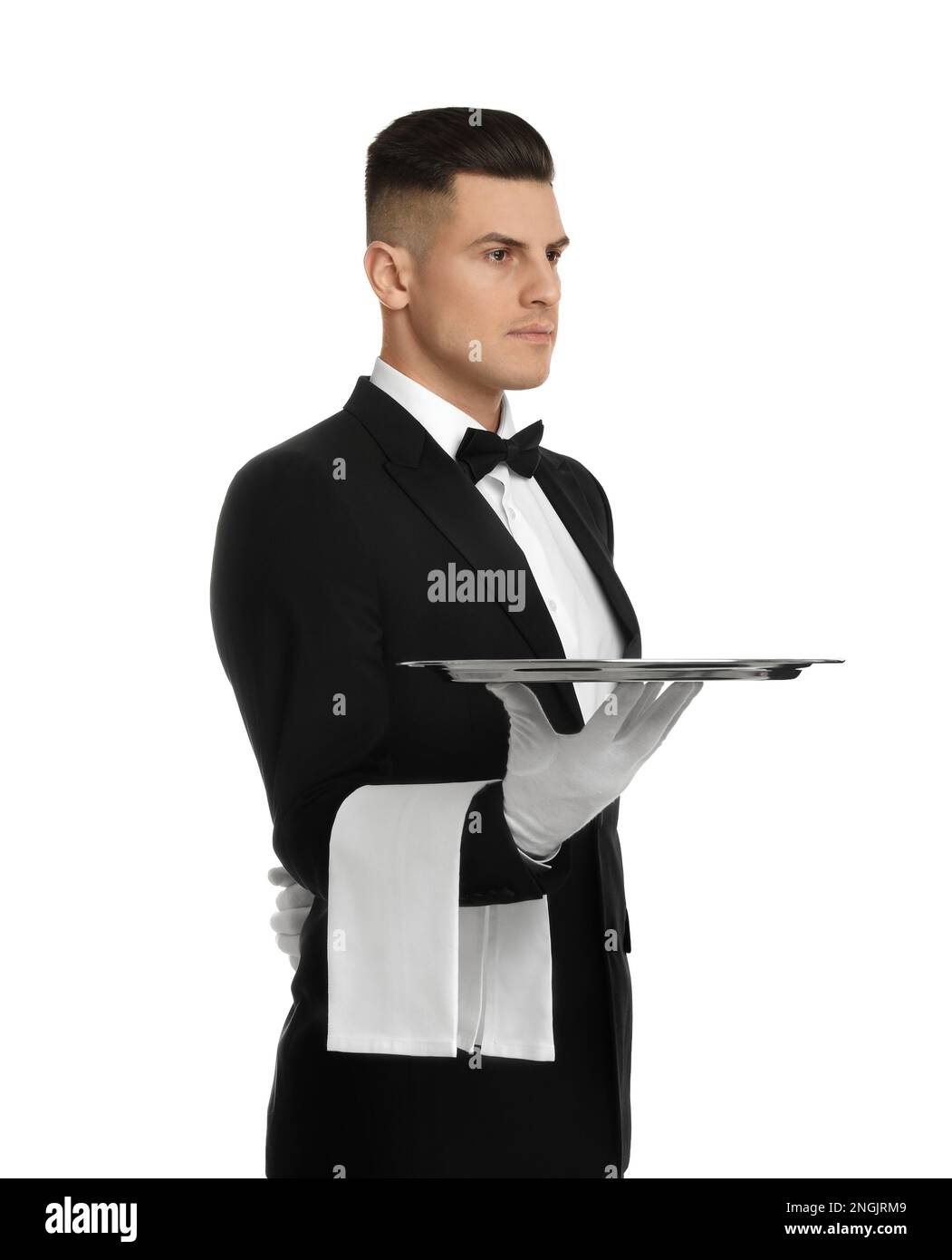 Elegant butler holding silver tray isolated on white Stock Photo - Alamy