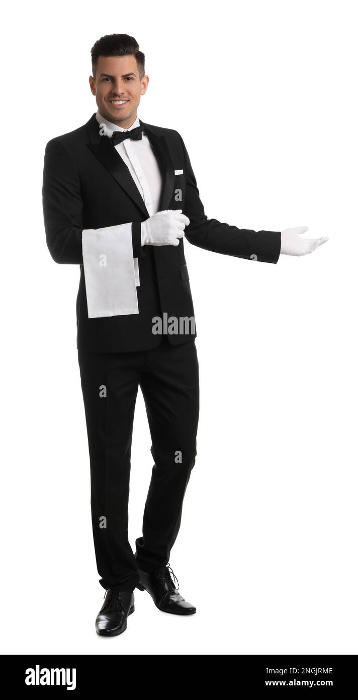 Handsome butler with towel on white background Stock Photo - Alamy