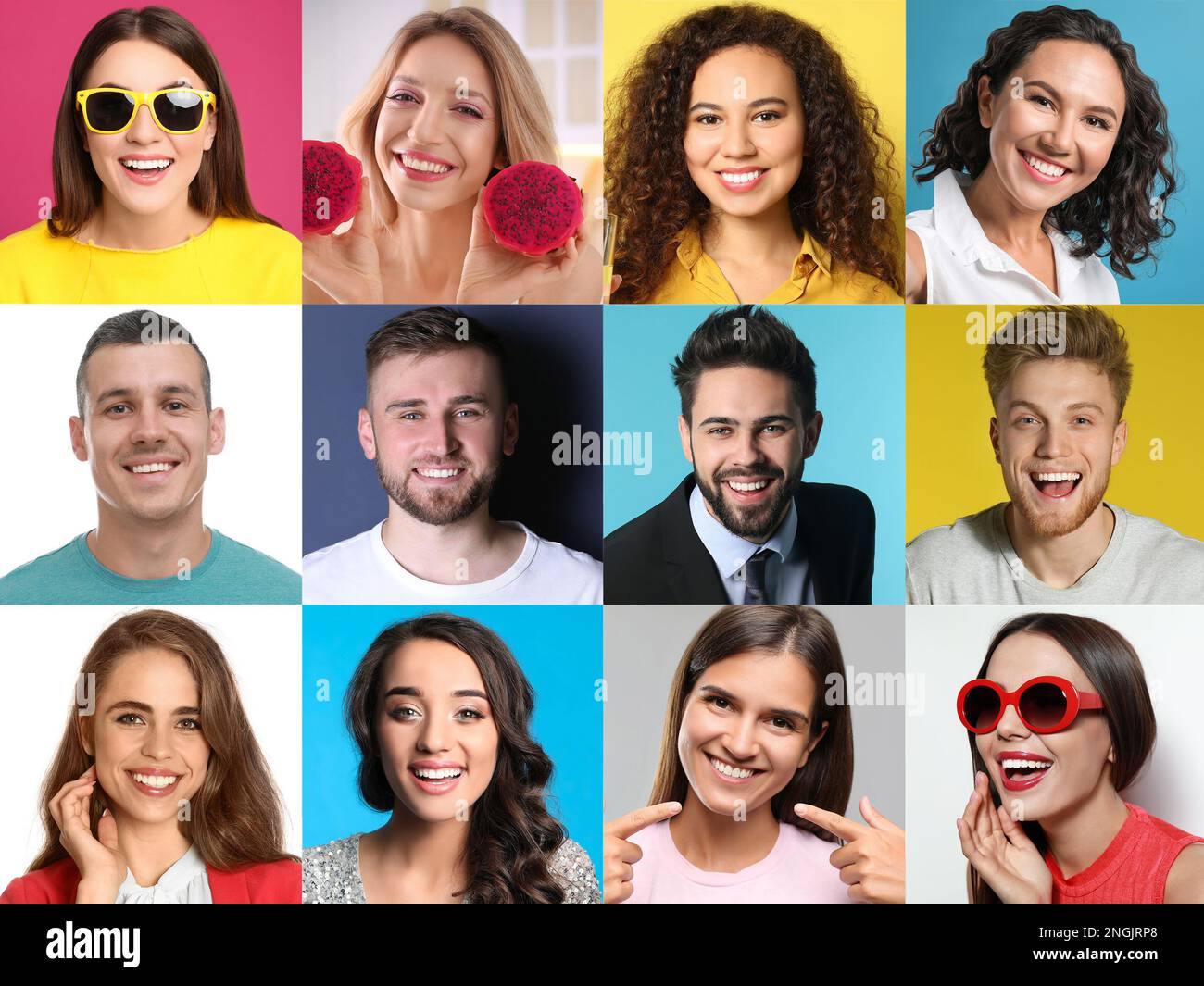 Collage with photos of happy smiling people on different color backgrounds Stock Photo - Alamy