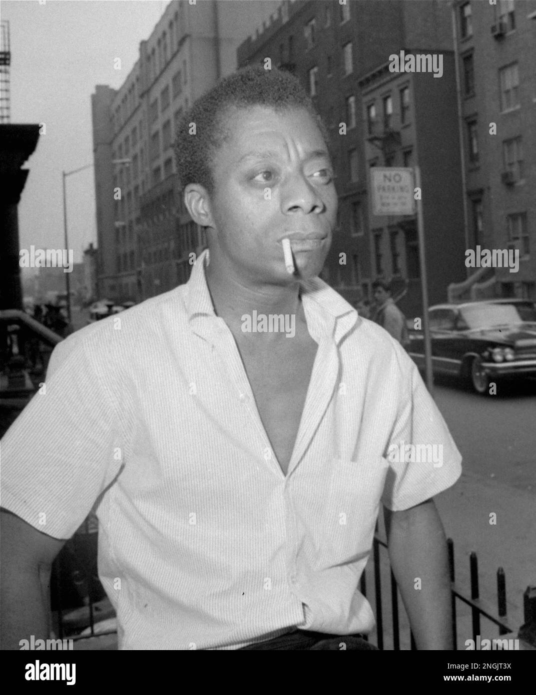 Author James Baldwin is pictured on a Harlem street in New York City ...