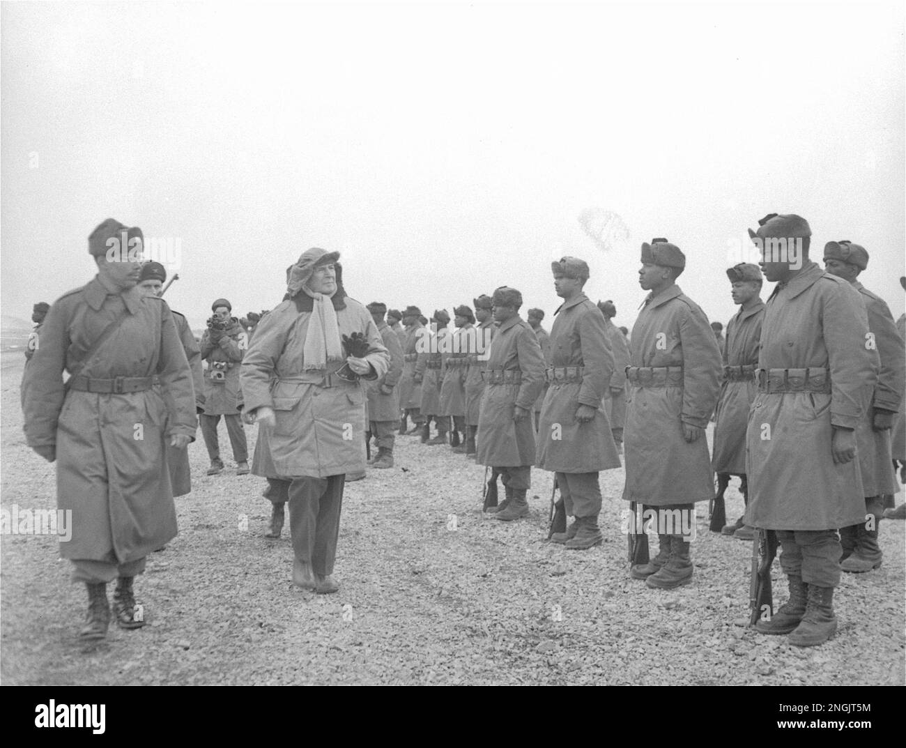 Gen. Douglas MacArthur views black troops on Kimpo Airfield, Korea ...