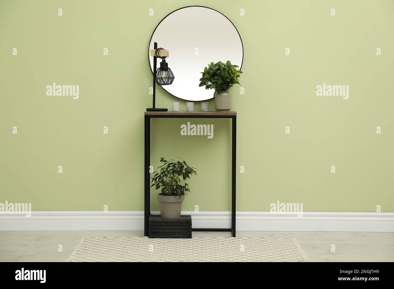 Hallway with stylish console table and mirror. Interior design Stock ...