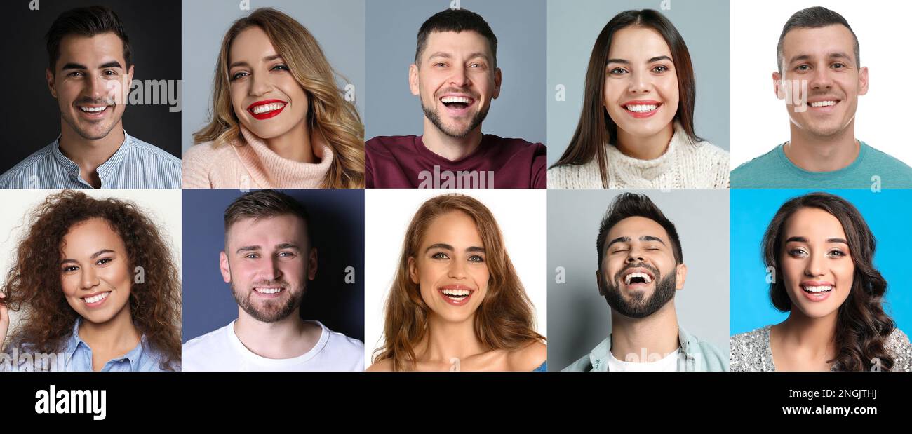 Collage with photos of happy smiling people on different color ...