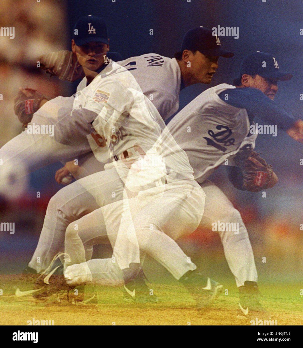Los Angeles starting pitcher Chan Ho Park, seen in this triple exposure ...