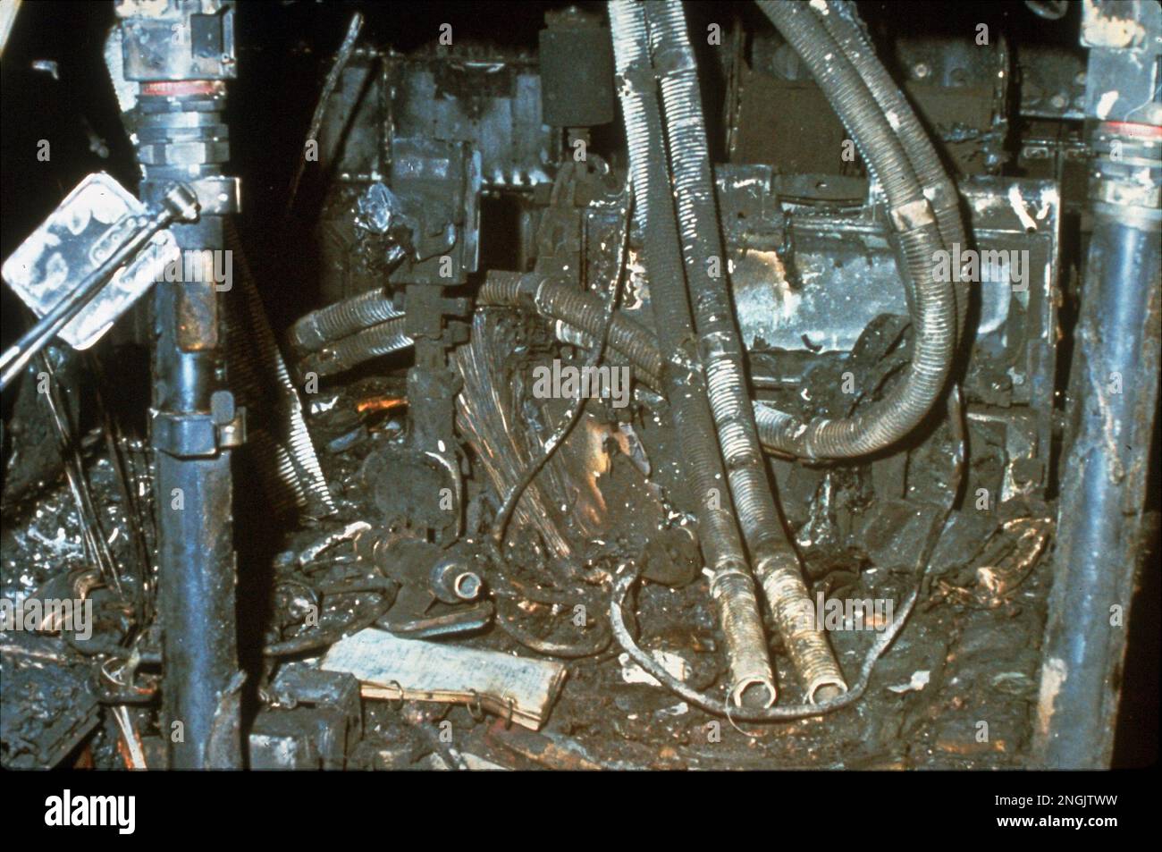 The charred interior of the Apollo I spacecraft shown after the flash ...