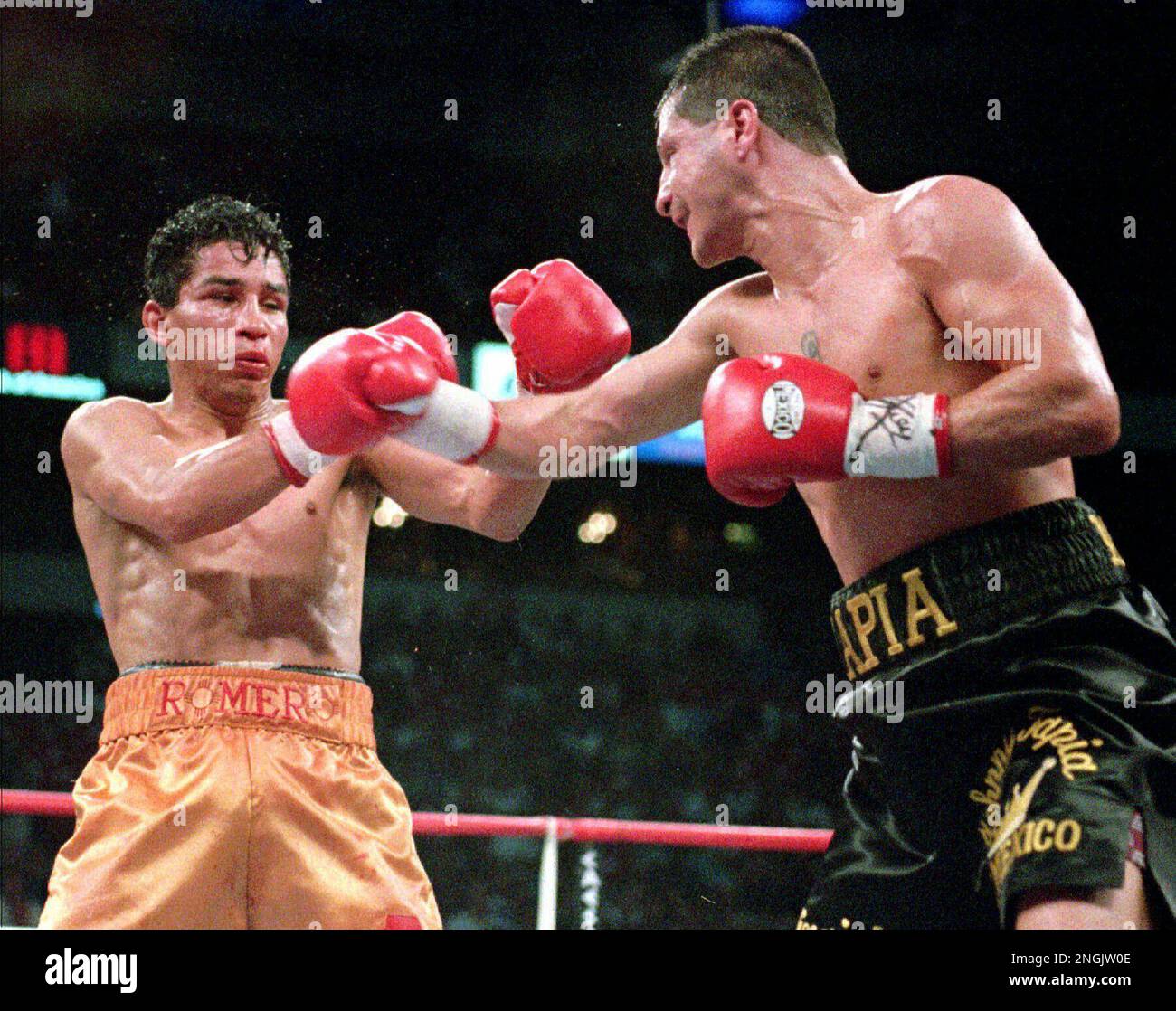 WBO junior bantamweight champion Johnny Tapia, right, connects with IBF ...