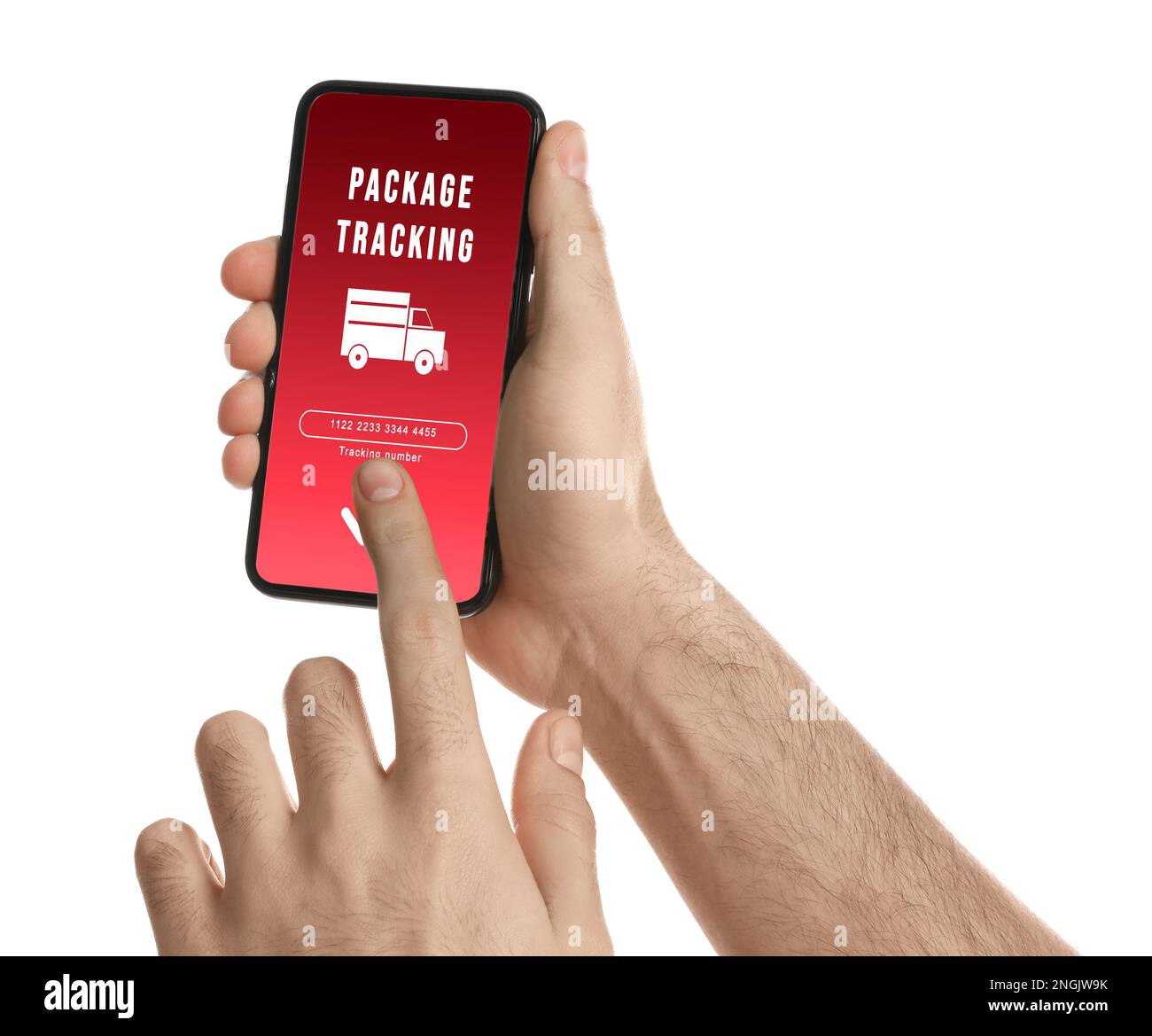 Man tracking parcel via smartphone on white background, closeup Stock ...