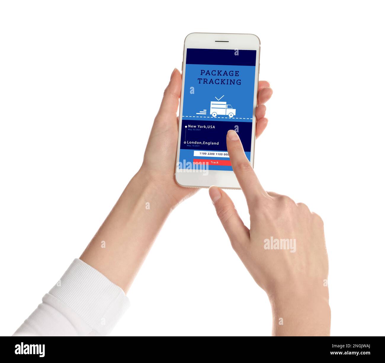 Woman tracking parcel via smartphone on white background, closeup Stock ...