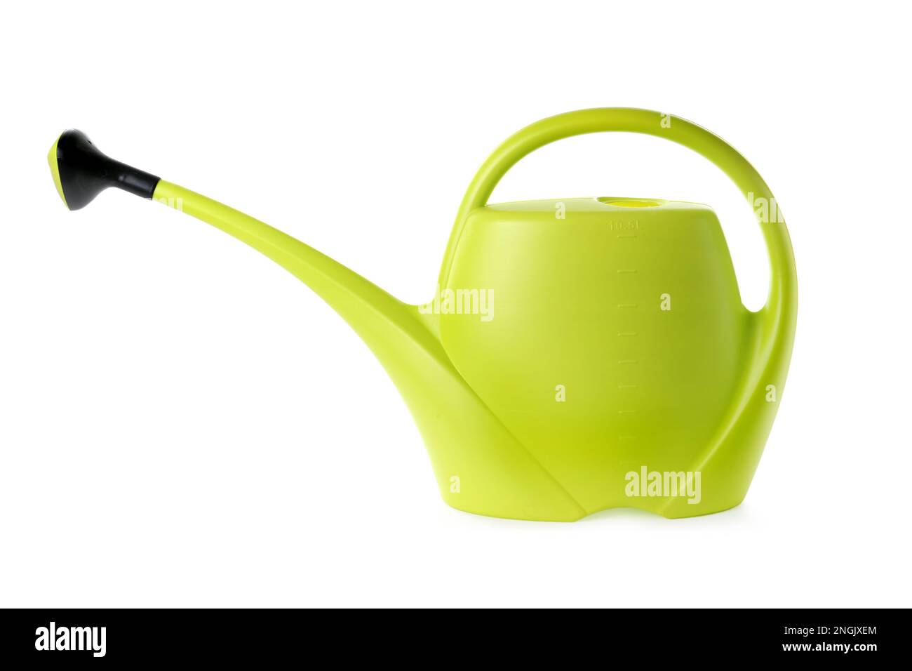 Green plastic watering can isolated on white Stock Photo - Alamy
