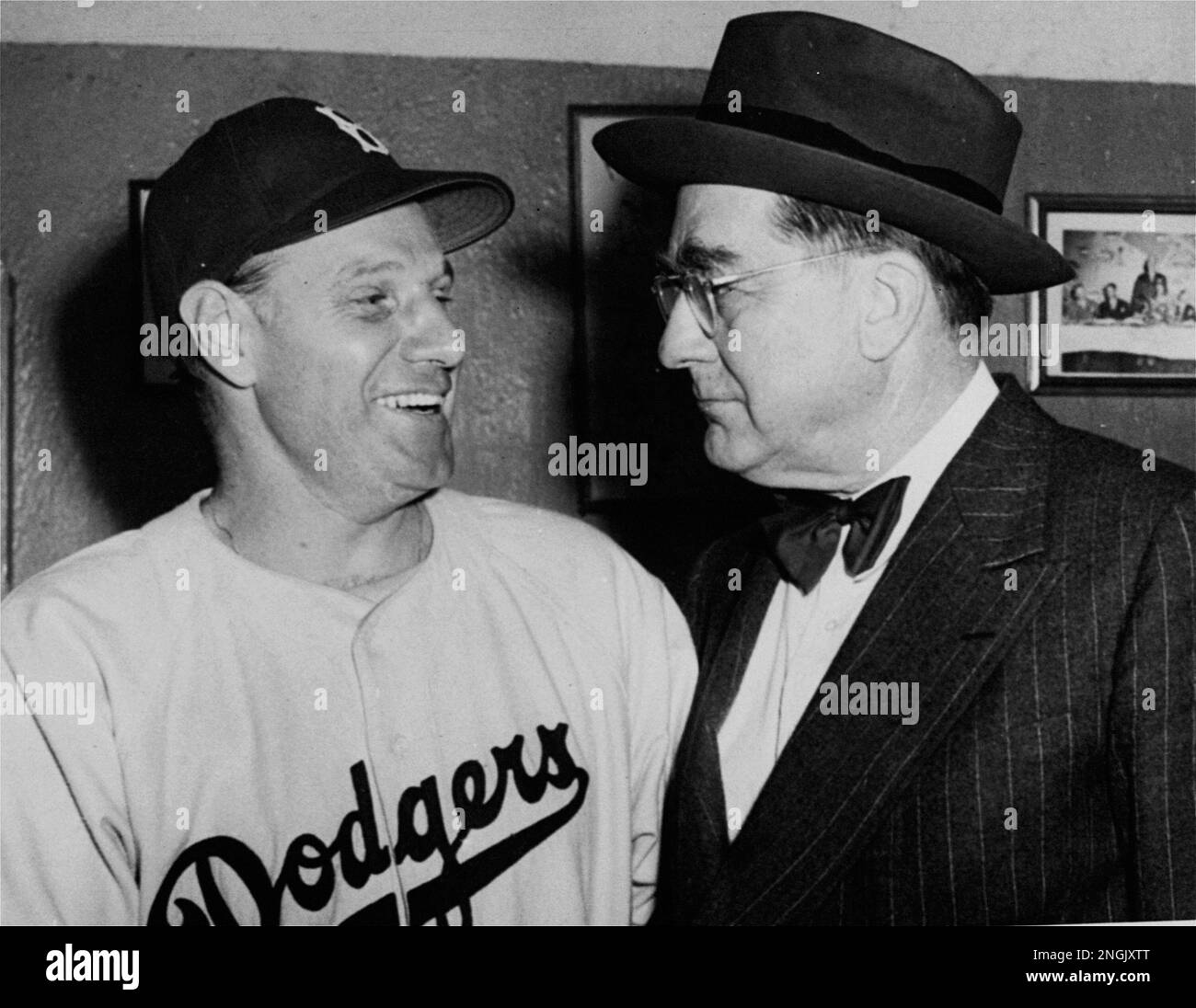 Leo Durocher, left, manager of the Brooklyn Dodgers baseball club ...