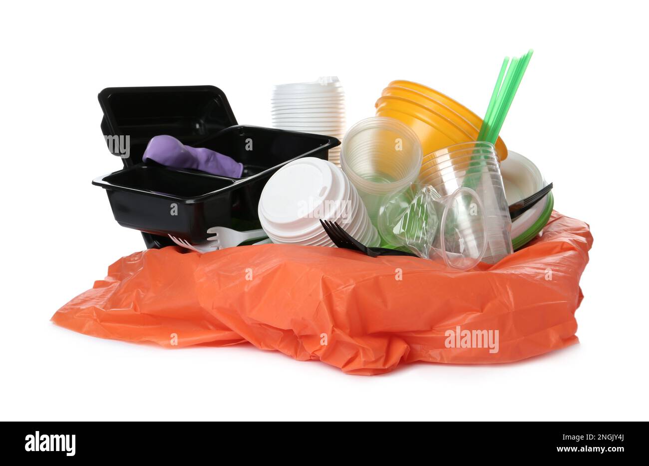 Pile of different plastic items on white background Stock Photo - Alamy