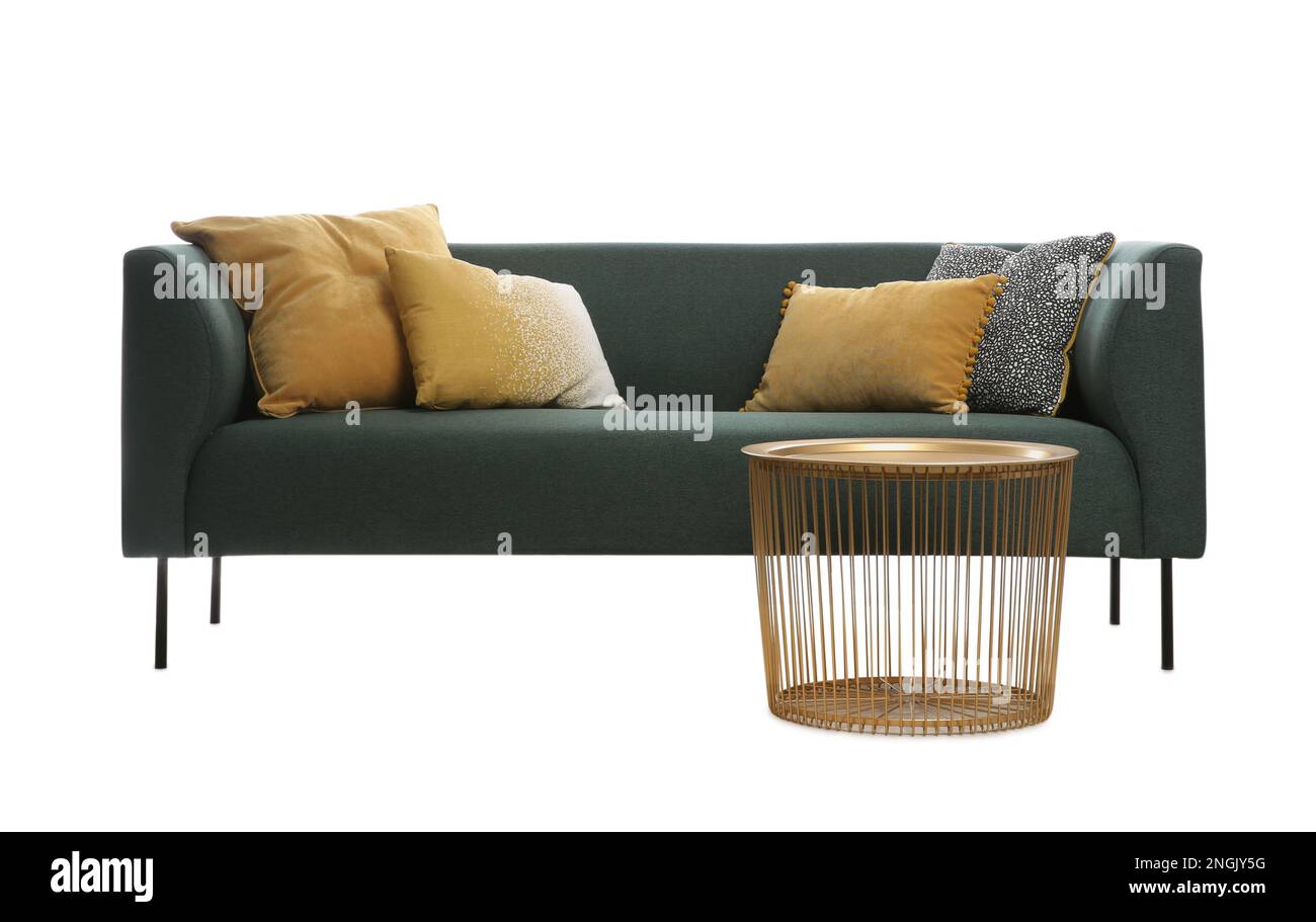Comfortable green sofa with cushions and table on white background ...