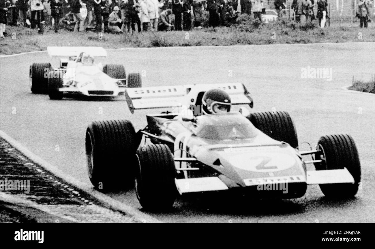 Belgium's Jackie Ickx in a Ferrari, foreground, leads Mexico's Pedro ...