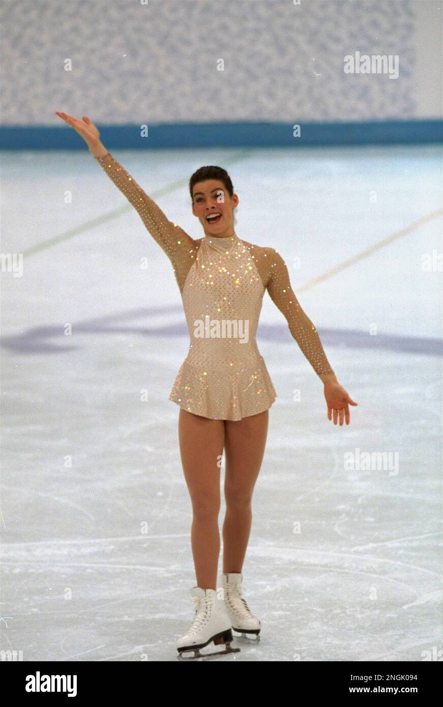American figure skater Nancy Kerrigan beams after completing her free ...