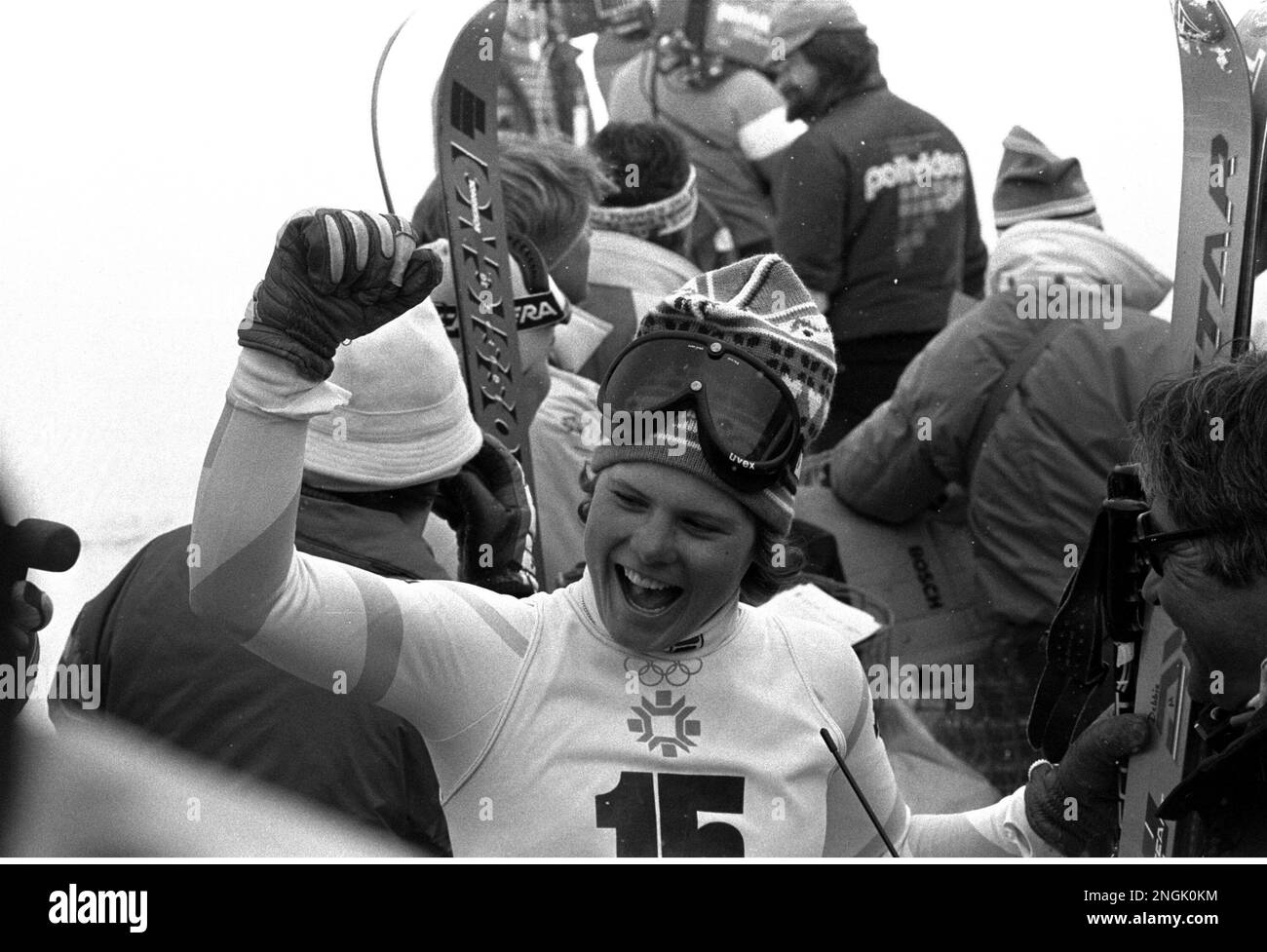 Debbie Armstrong of Seattle, Washington, raises her arm and laughs as ...