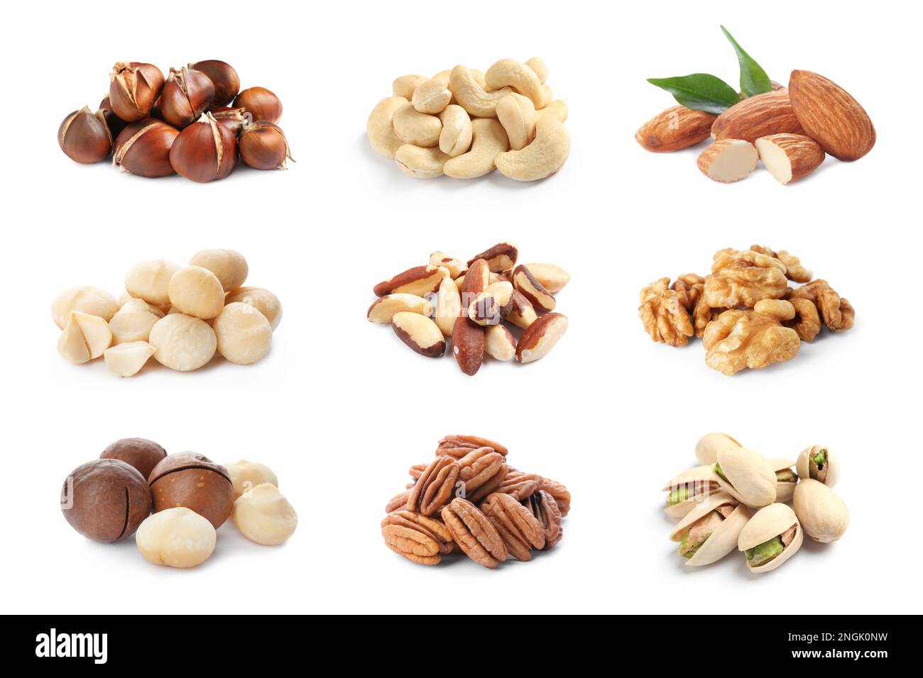 Set with different tasty nuts on white background Stock Photo - Alamy