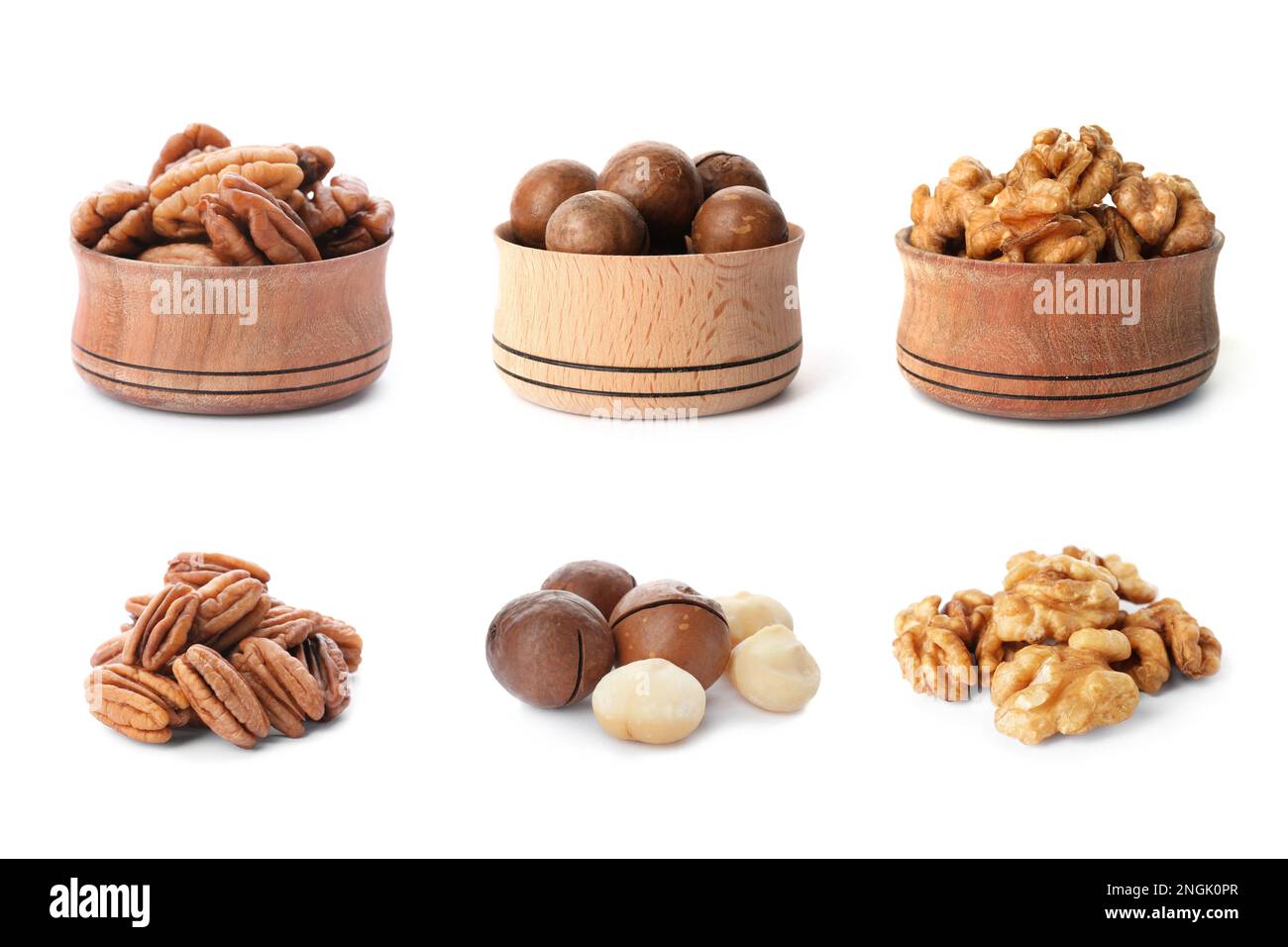 Set with different tasty nuts on white background Stock Photo - Alamy