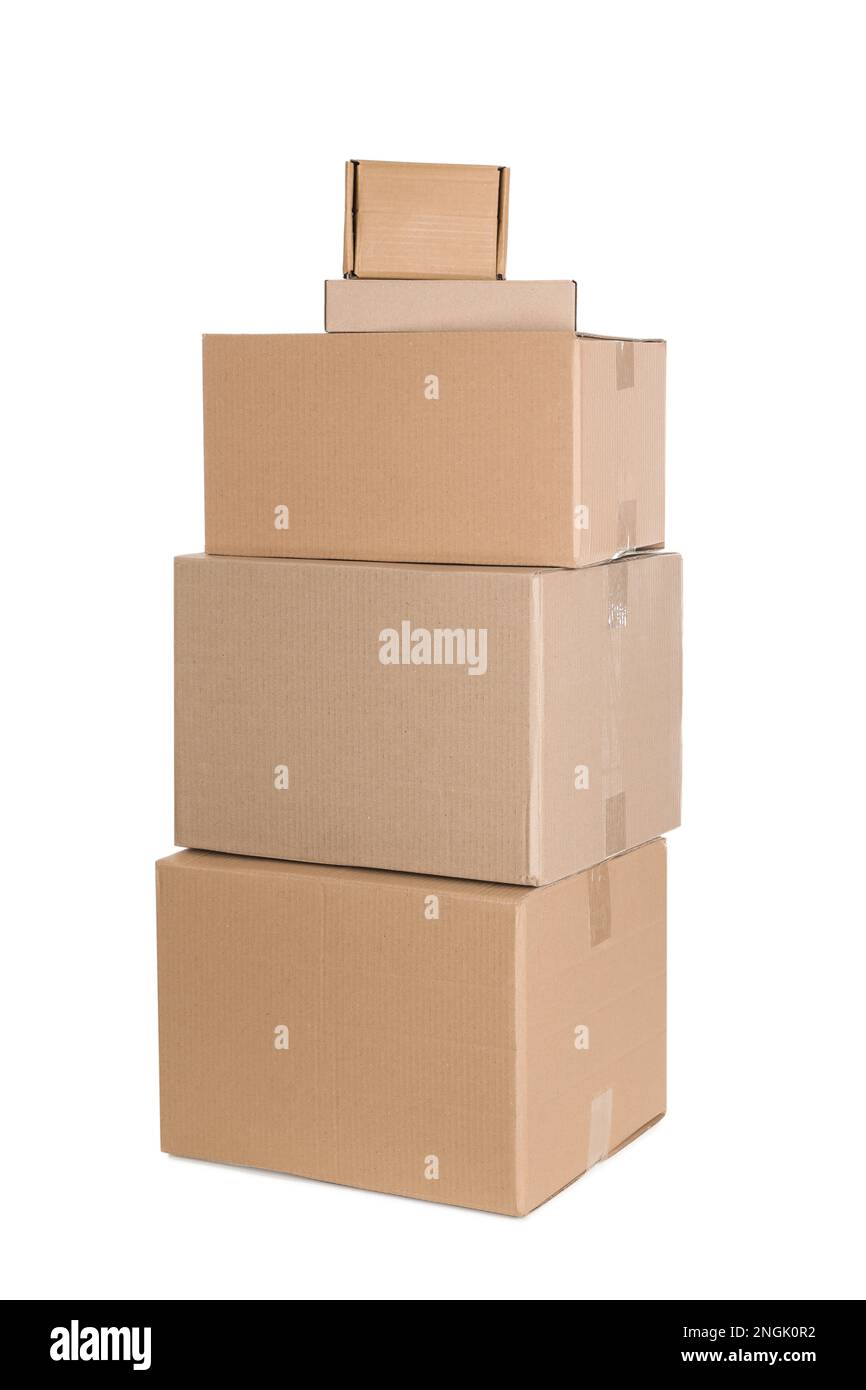 Stack of cardboard boxes on white background Stock Photo - Alamy
