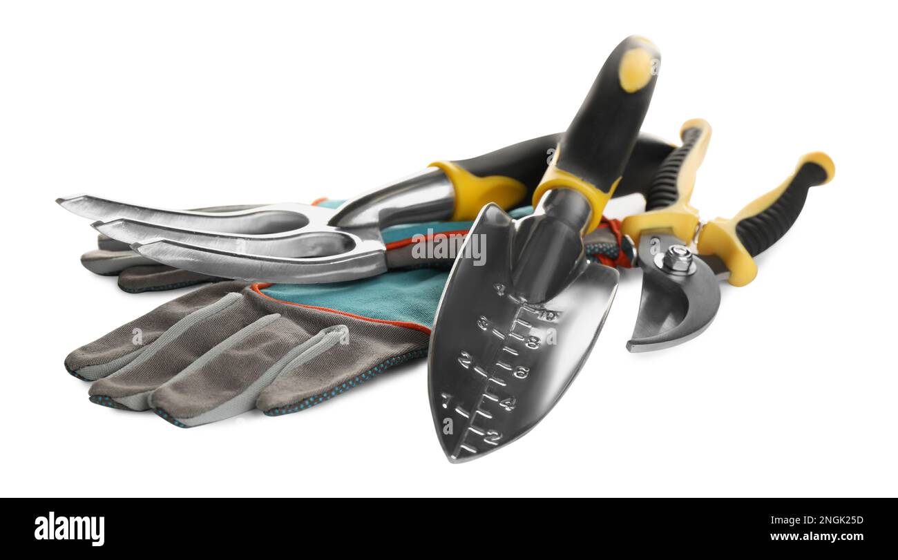 Different modern gardening tools on white background Stock Photo - Alamy