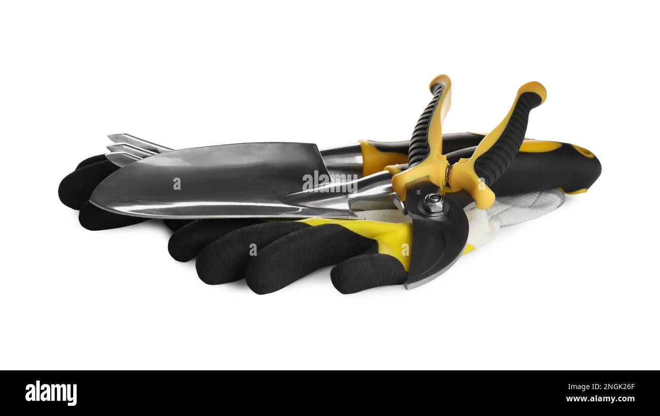 Different modern gardening tools on white background Stock Photo - Alamy