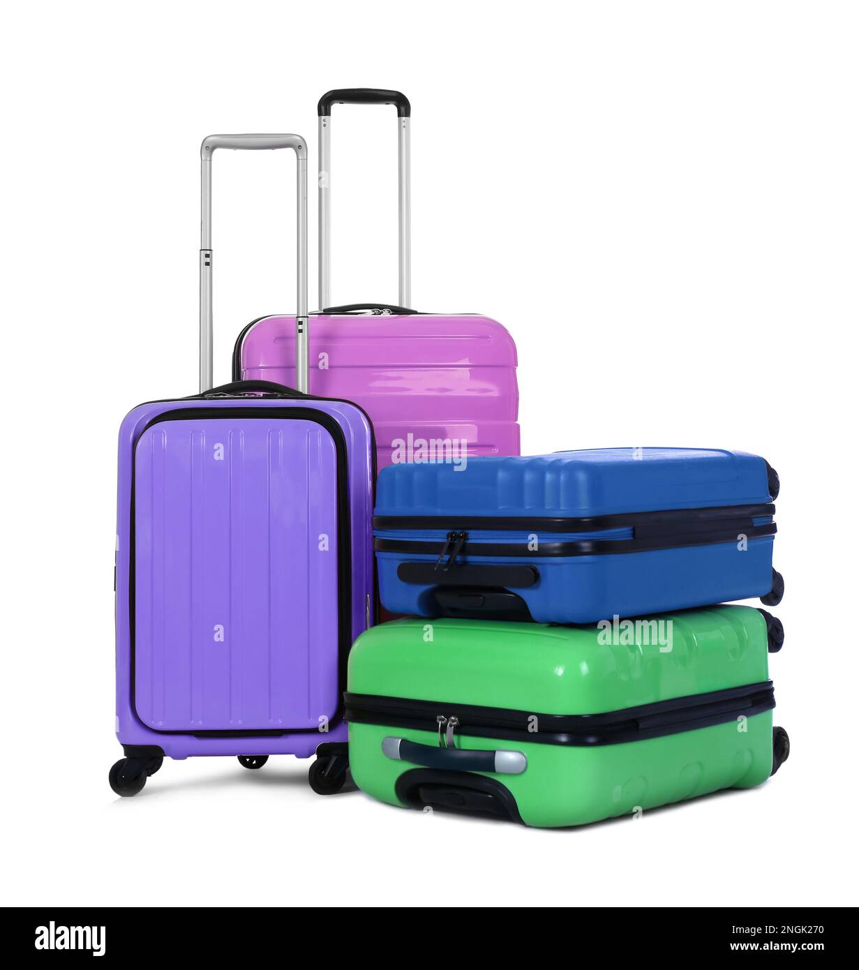 Stylish suitcases packed for travel on white background Stock Photo - Alamy