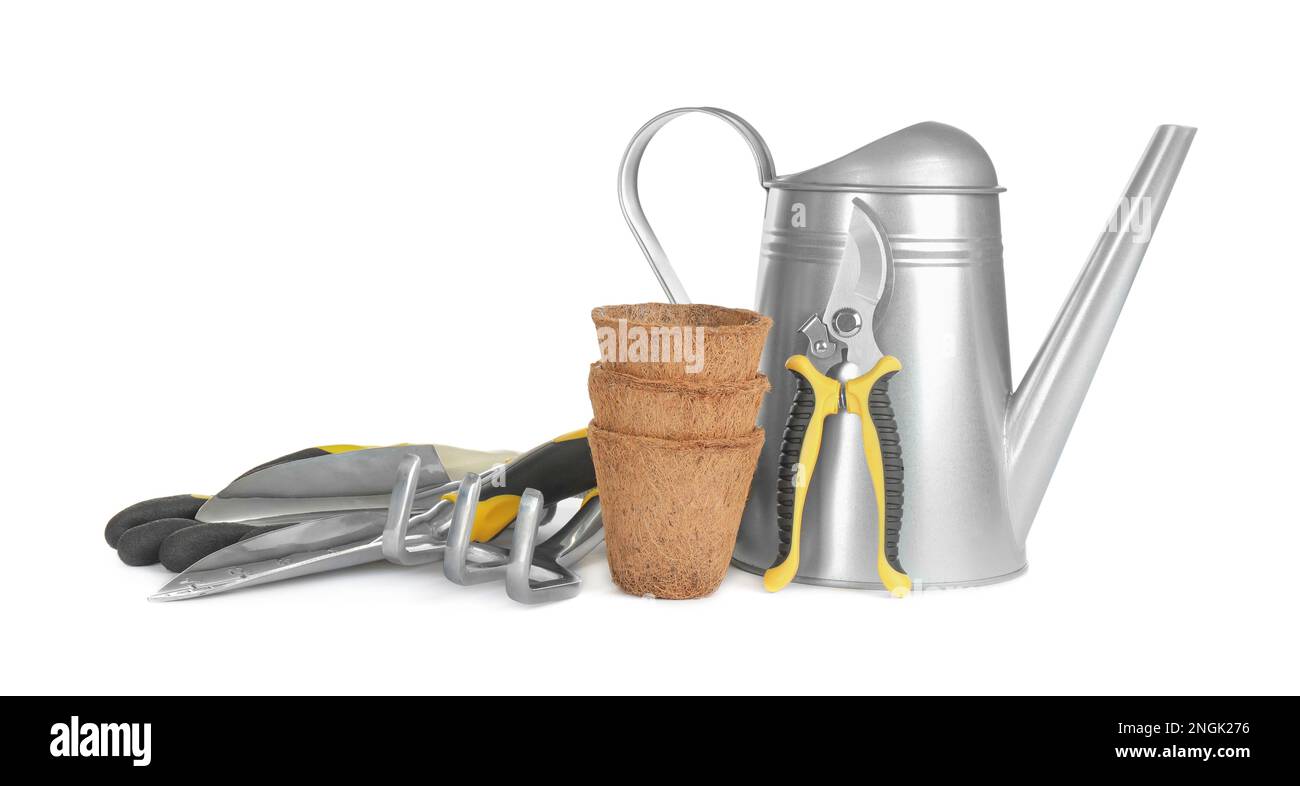 Different modern gardening tools on white background Stock Photo - Alamy