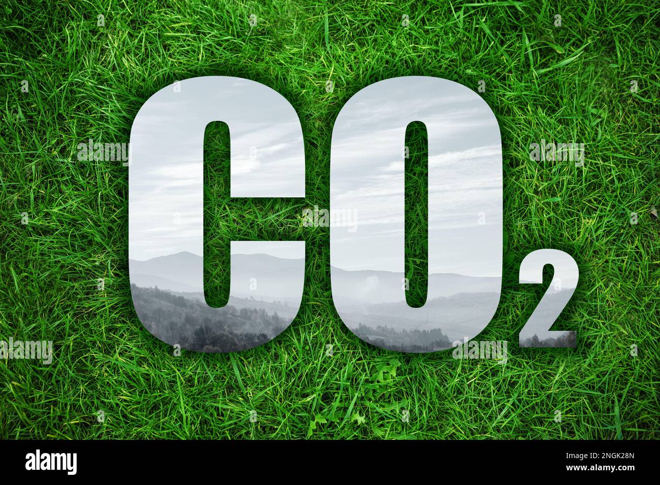 Concept of clear air. CO2 inscription with mountain landscape inside ...