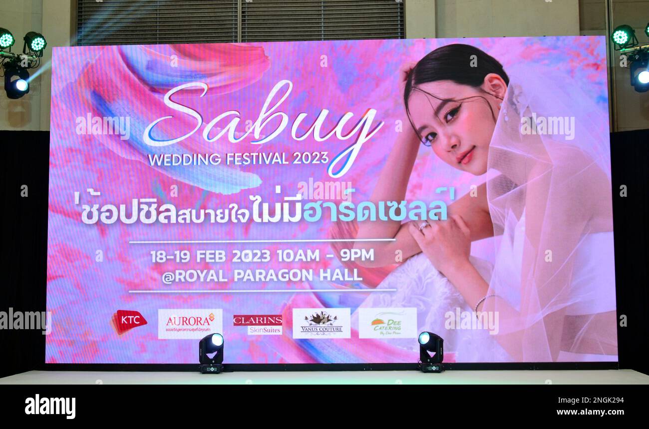 A screen display describes the Sabuy Wedding Festival, Royal Paragon Hall, Bangkok, Thailand ...