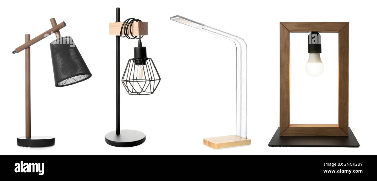 Set with different stylish table lamps on white background. Banner ...