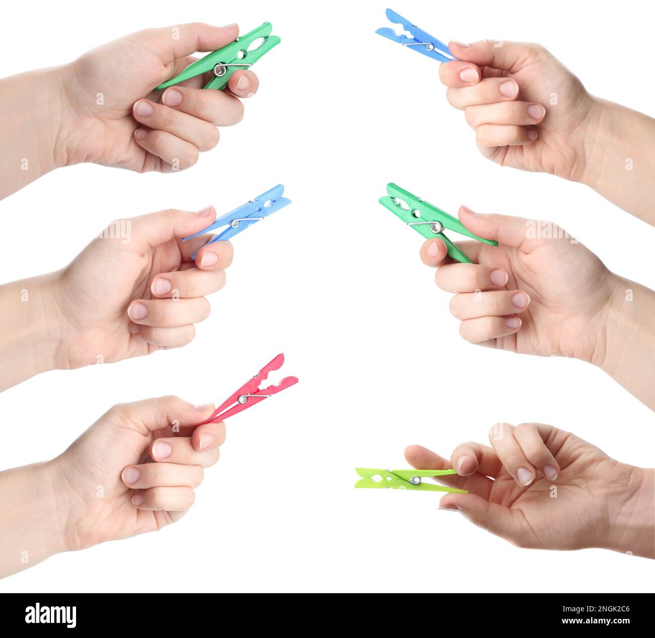 Collage with photos of women holding different bright clothespins on ...