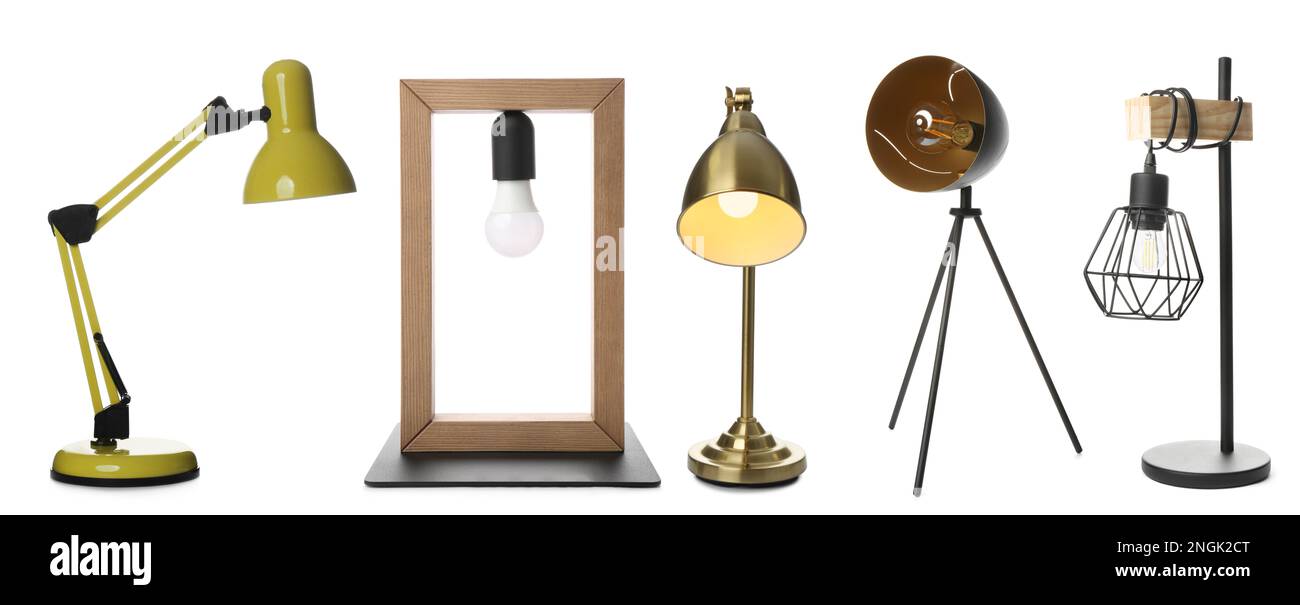 Set with different stylish table lamps on white background. Banner ...