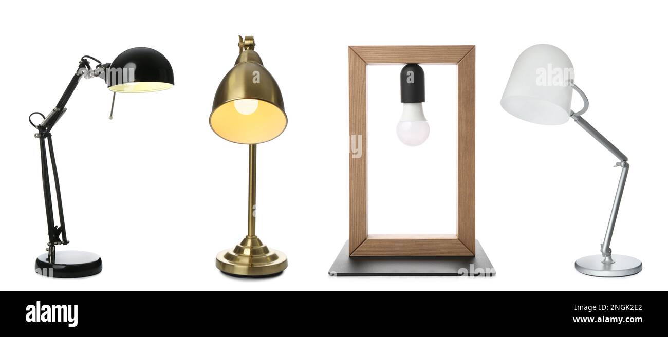 Set with different stylish table lamps on white background. Banner ...