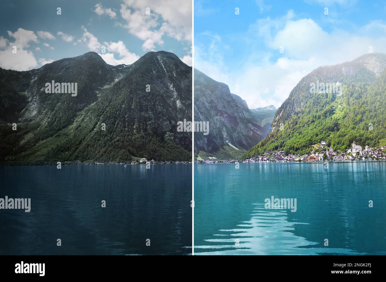 Photo before and after retouch, collage. Picturesque view of small ...