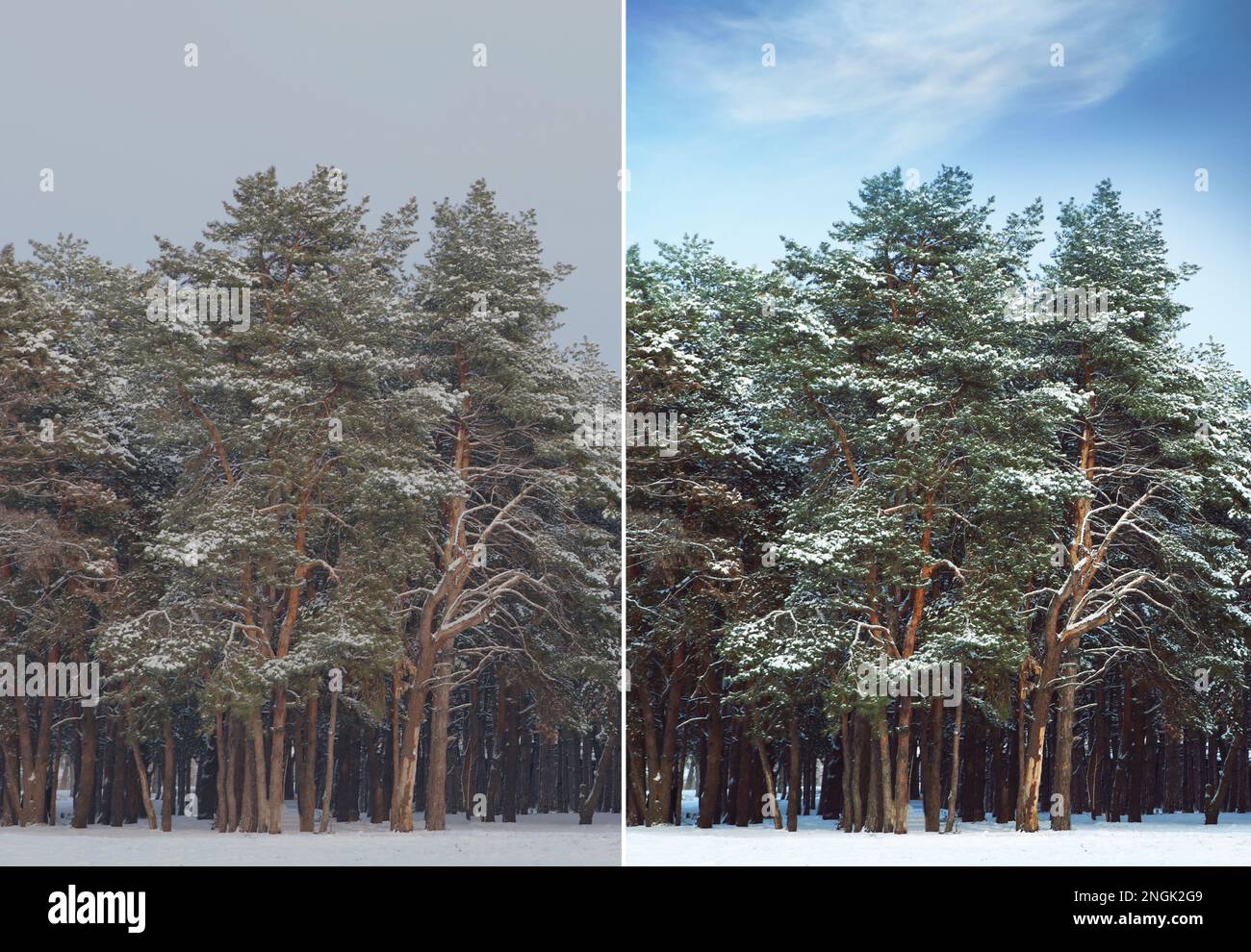 Photo before and after retouch, collage. Picturesque view of beautiful ...