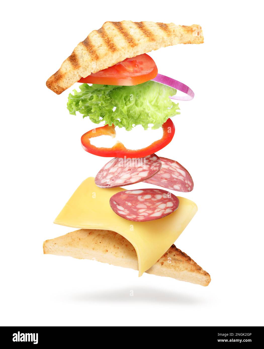 Delicious sandwich with flying ingredients on white background Stock ...