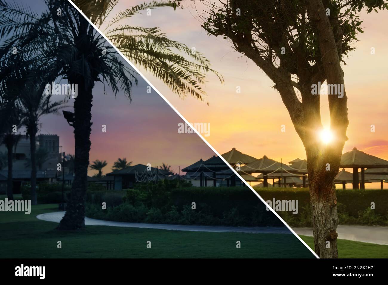 Photo before and after retouch, collage. Beautiful landscape with ...