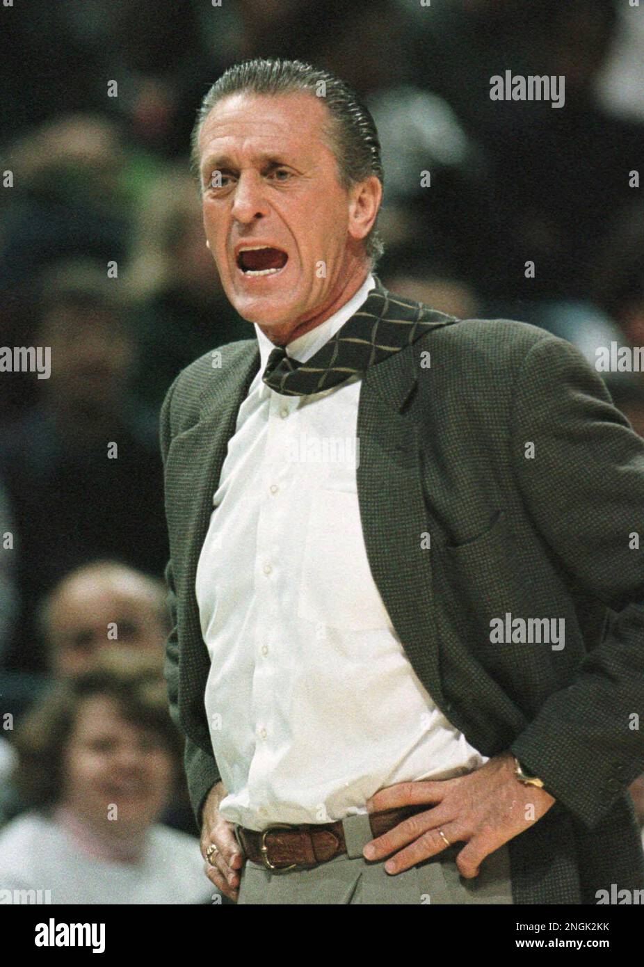 Miami Heat coach Pat Riley argues a call during the game against the ...
