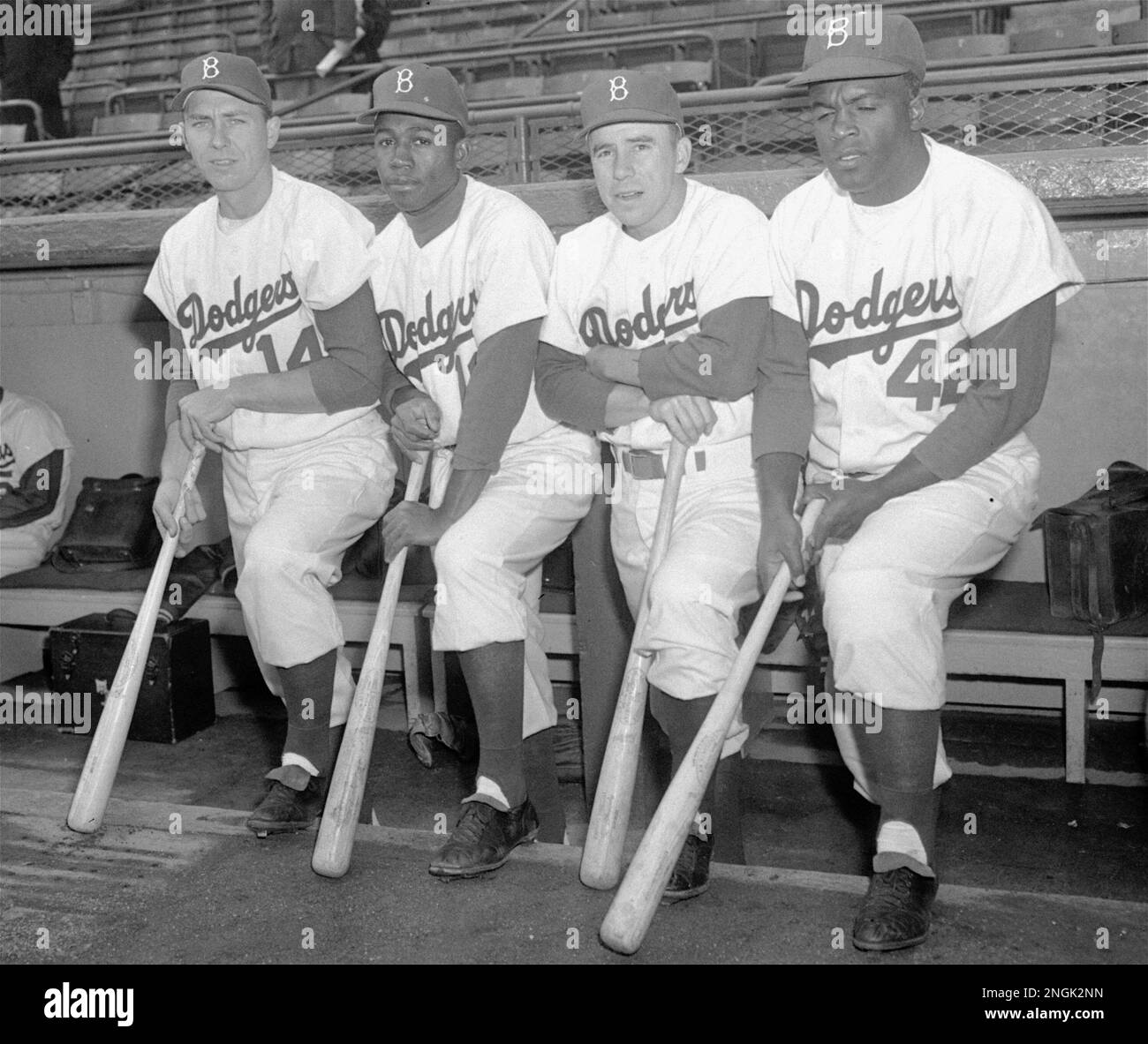 The Brooklyn Dodgers infield, from left, Gil Hodges, Junior Gilliam ...
