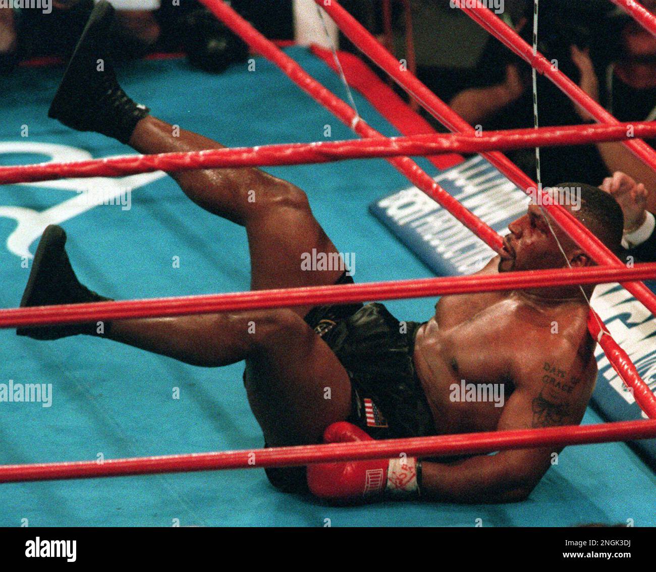 Mike Tyson hits the canvas at the MGM Grand Garden in Las Vegas ...