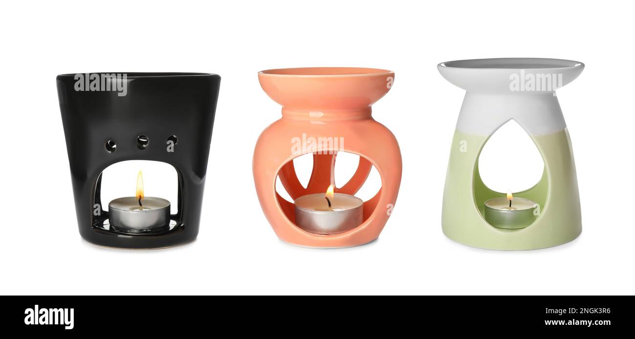 Set with different stylish aroma lamps on white background. Banner ...