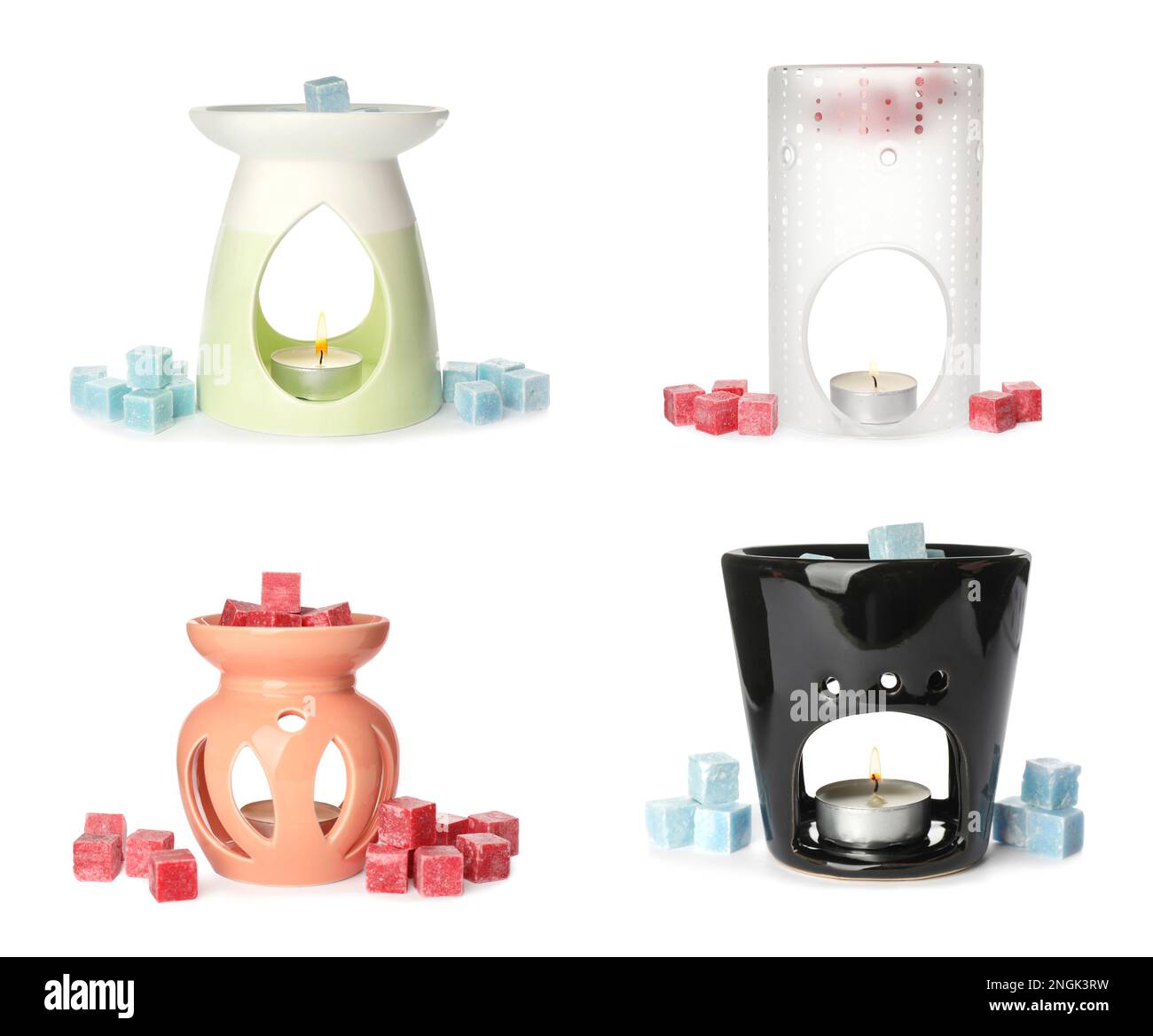 Different stylish aroma lamps with essential wax cubes on white ...