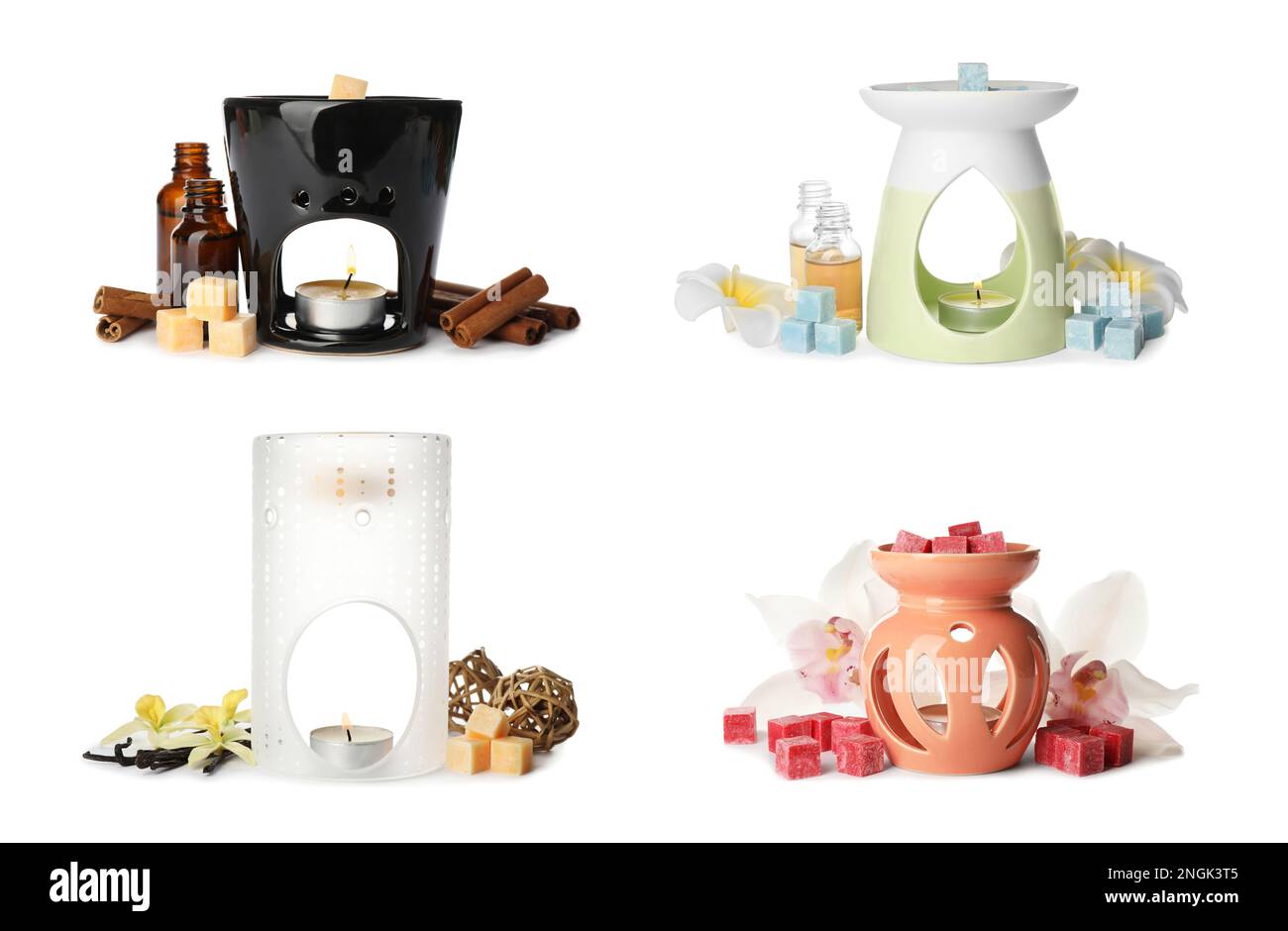 Different stylish aroma lamps with essential wax cubes on white ...