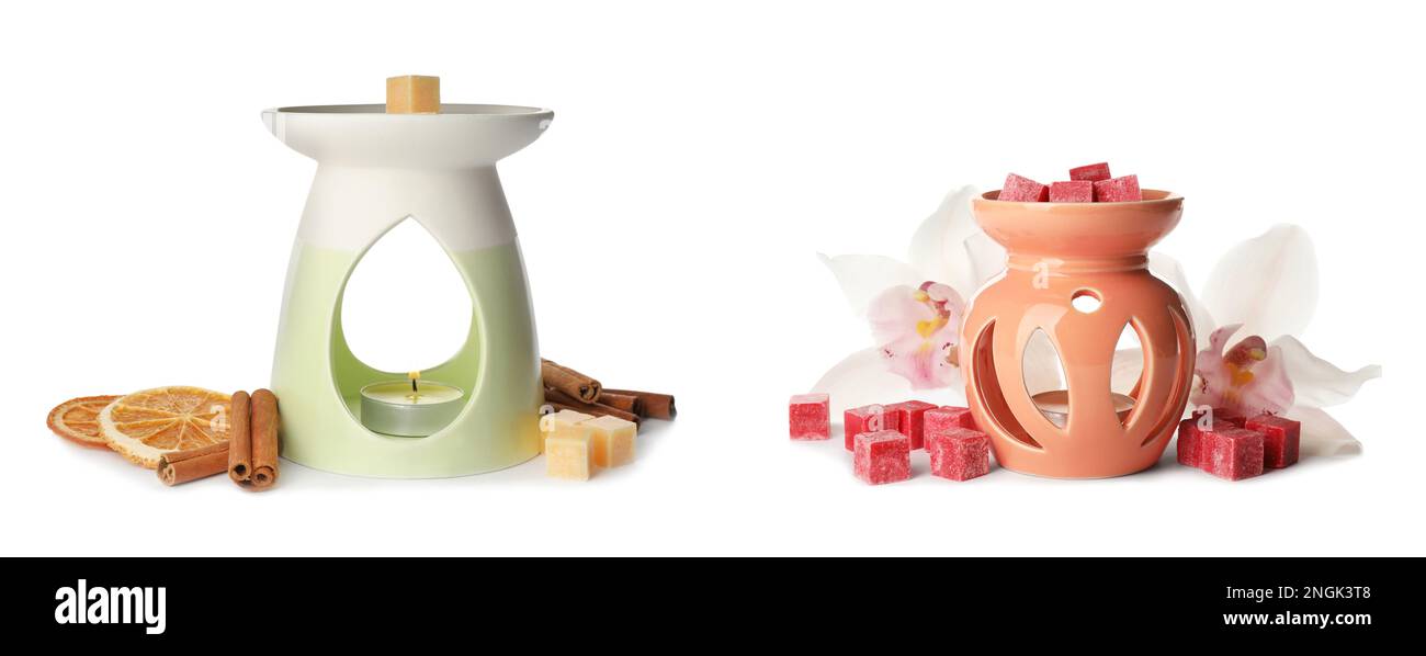 Different stylish aroma lamps with essential wax cubes on white ...