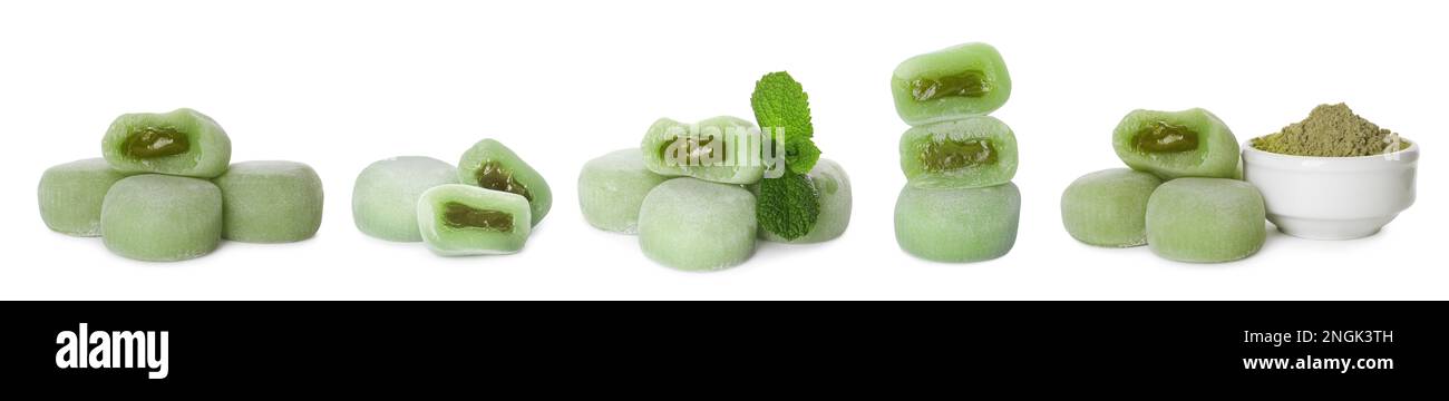 Set with with delicious mochi on white background. Banner design Stock ...